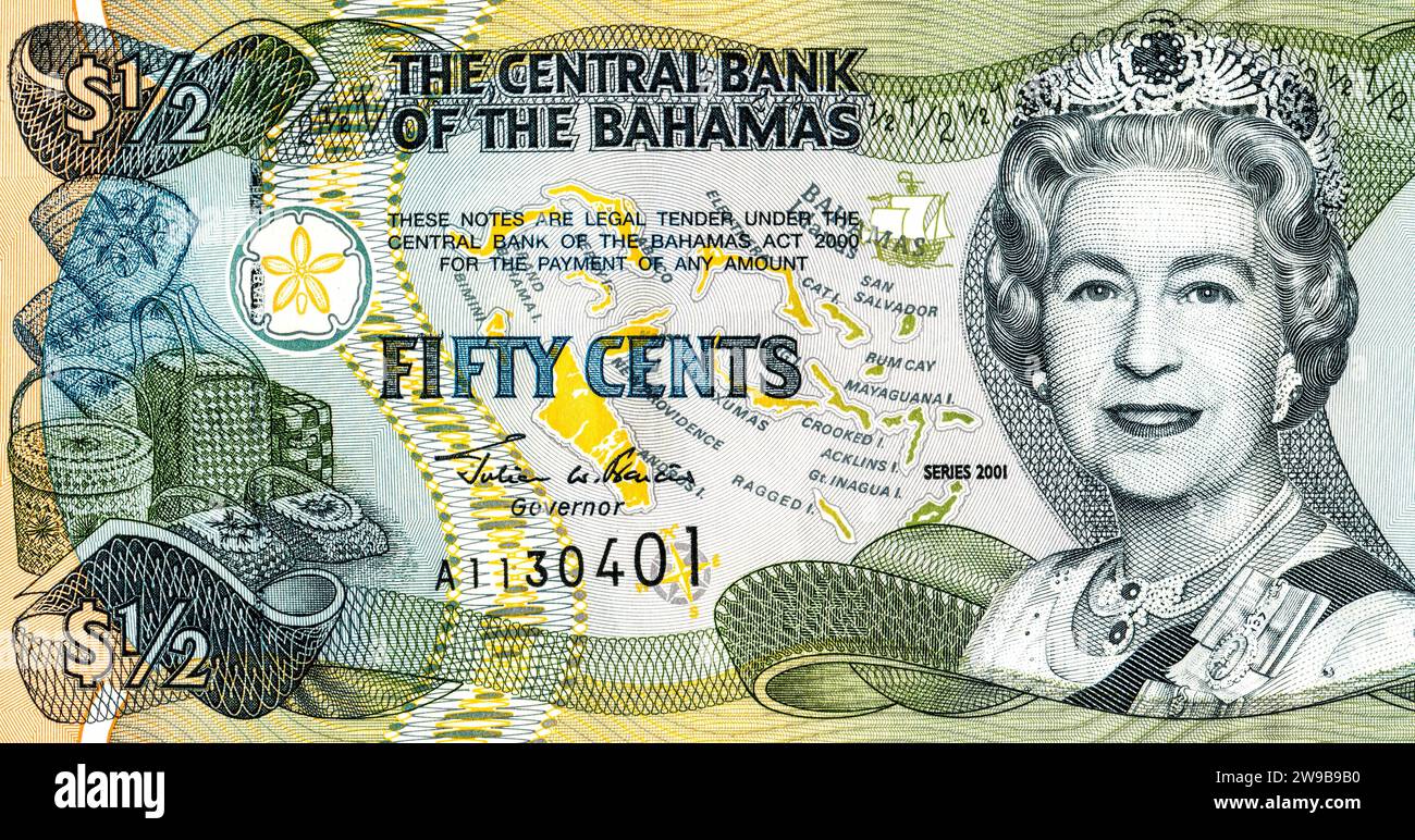 Part of Bahamas fifty cents 2001 banknotes with Queen Elizabeth II ...