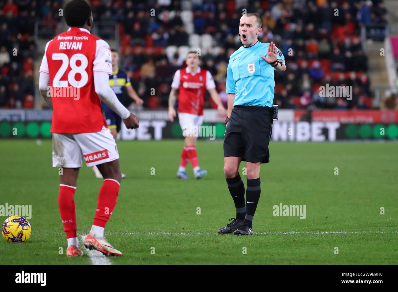 Sebastian Revan #28 of Rotherham United is penalised during the Sky Bet ...
