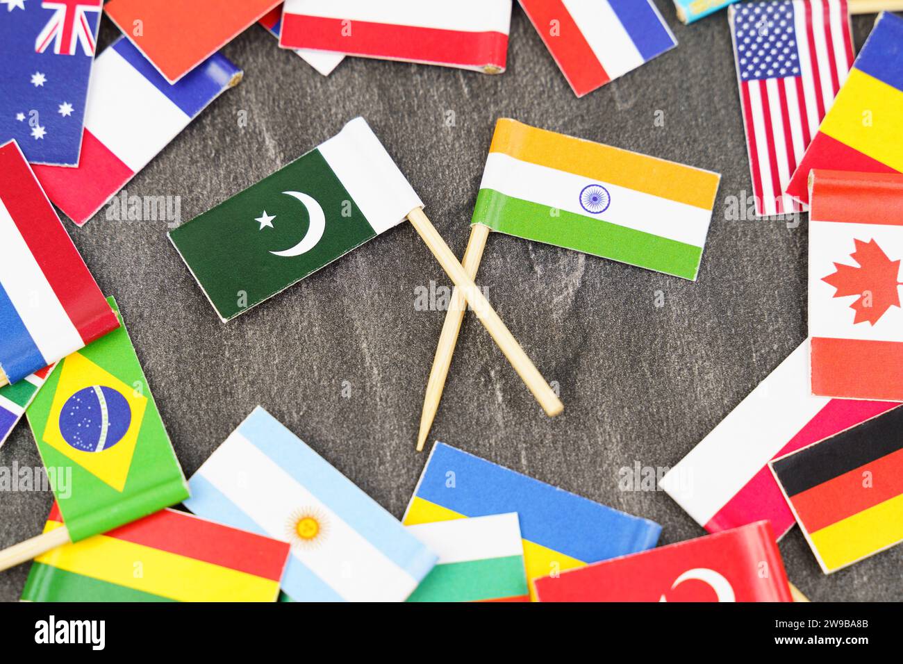 Policy. National flags of different countries. The concept is diplomacy ...
