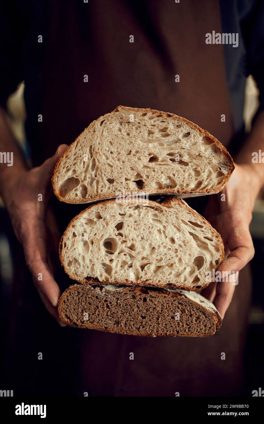 Bakery man, chef in brown apron holds in hands two halves of just whole ...