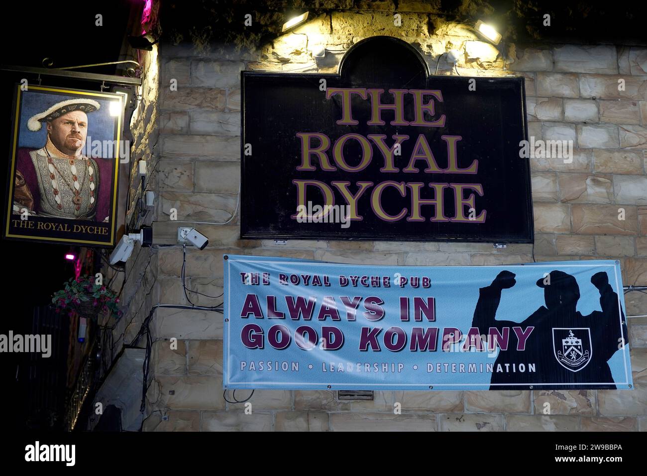 A banner of Burnley manager Vincent Kompany outside The Royal Dyche pub ...