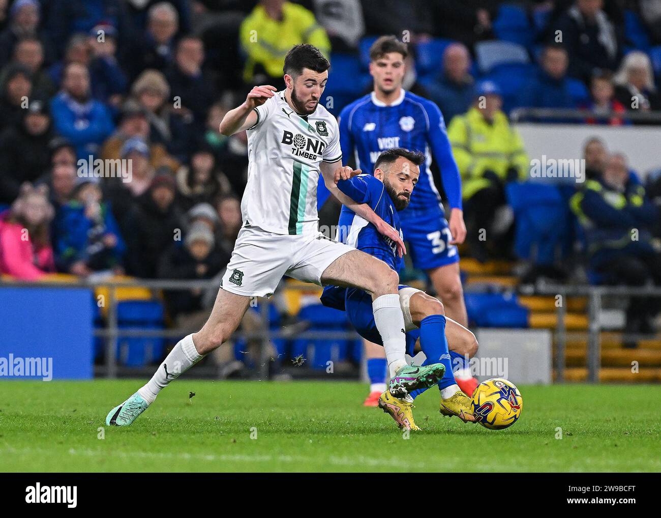 Finn Azaz #18 of Plymouth Argyle shields the ball during the Sky Bet ...
