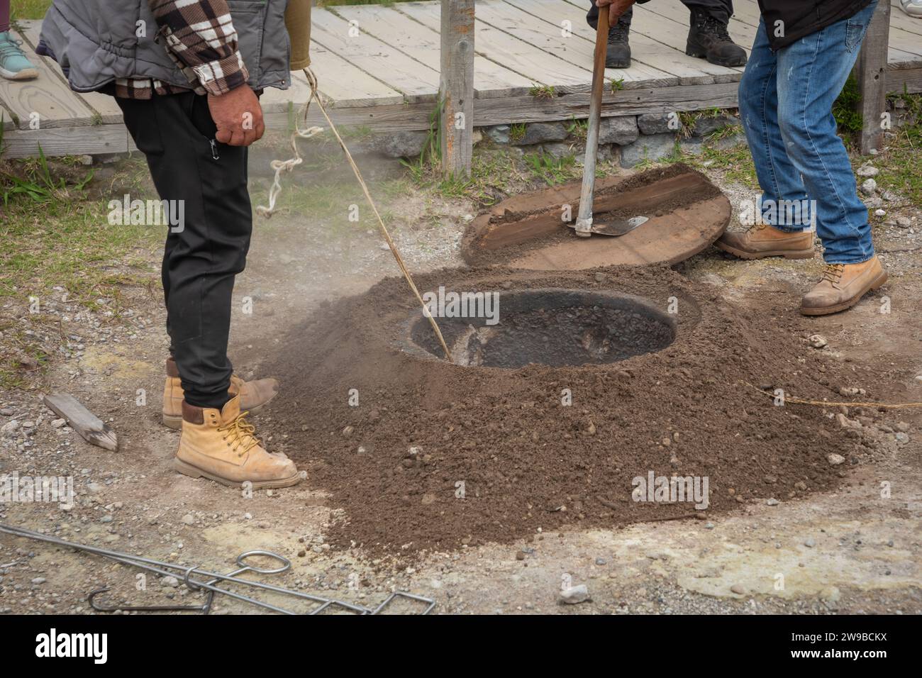 Preparing cozido, the traditional and famous dish of Furnas, Sao Miguel ...