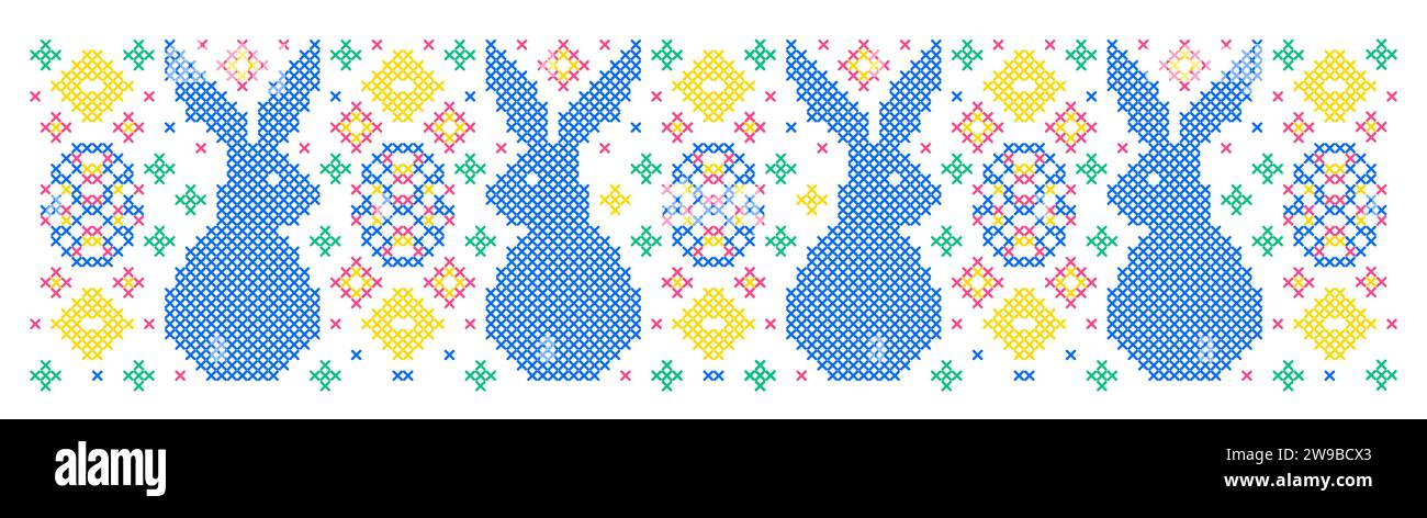 Easter pattern with bunnies and Easter eggs in cross stitch style on ...