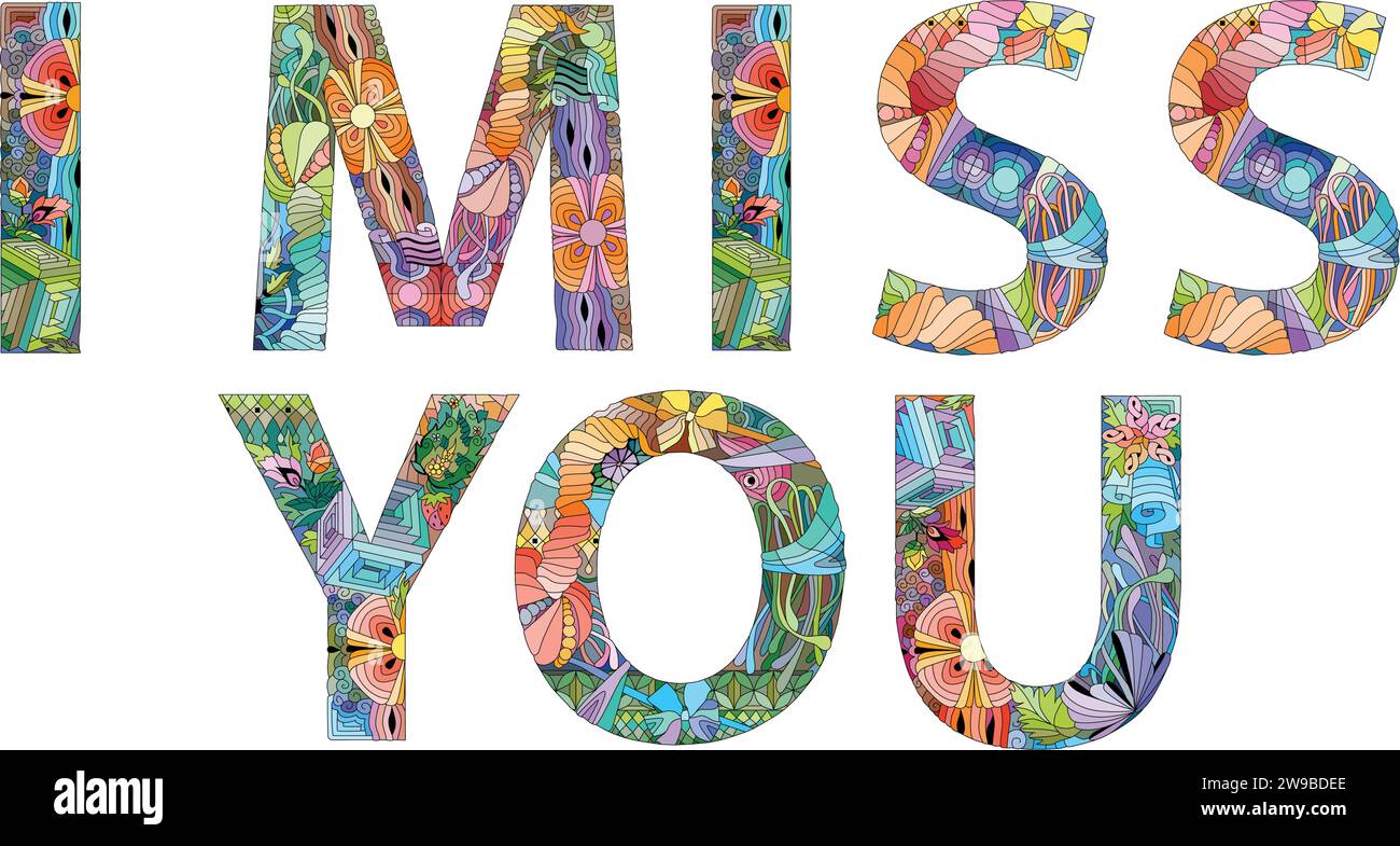 Hand-painted art design. Hand drawn illustration words I MISS YOU for t ...