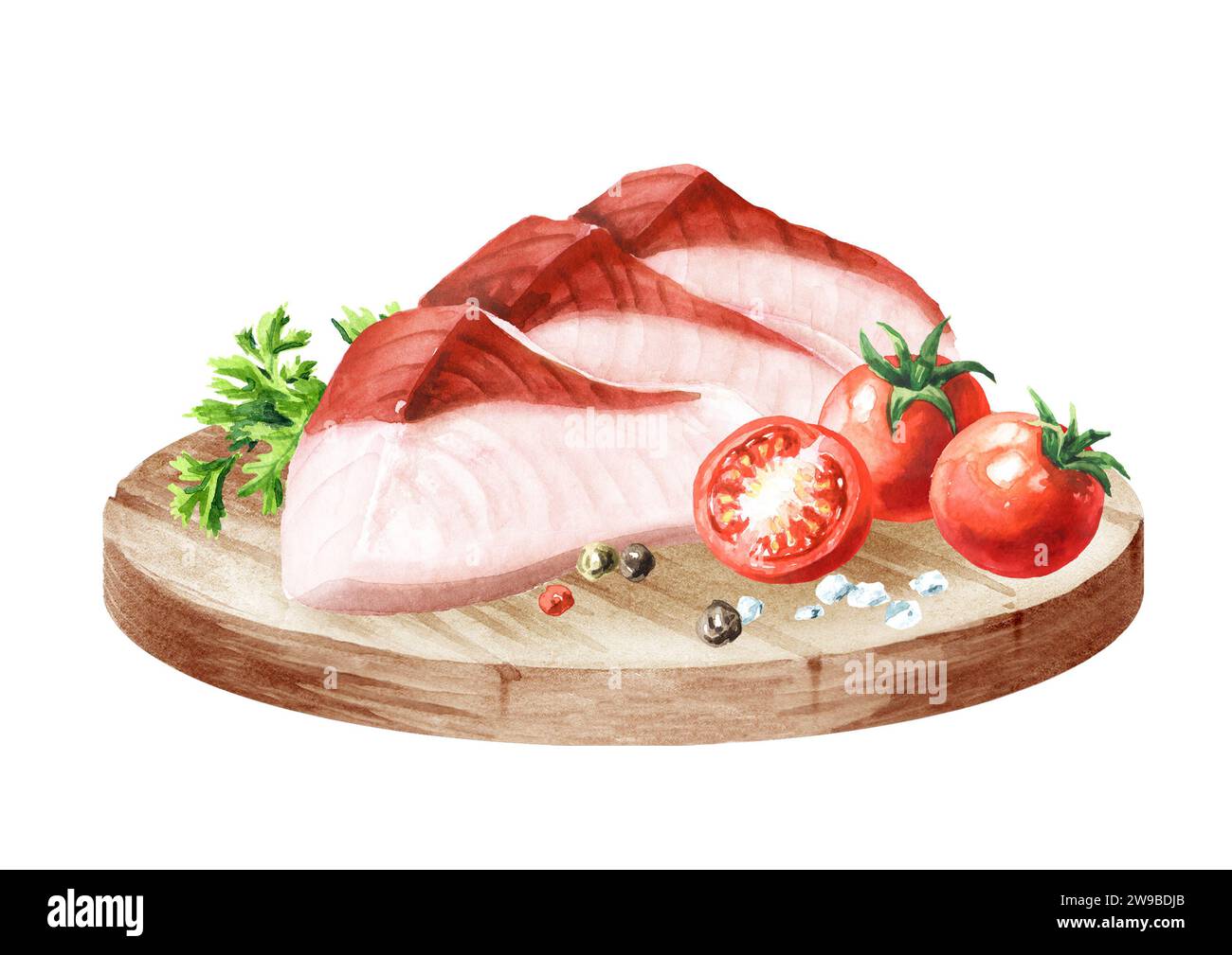 Fish greater amberjack raw fillet. Hand drawn watercolor illustration ...