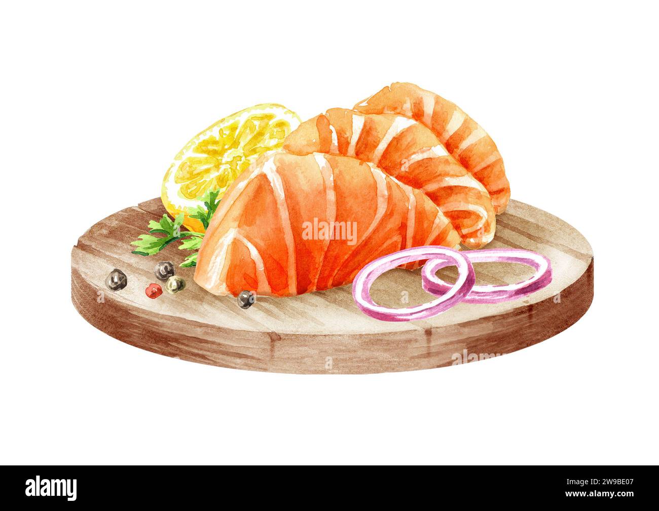 Fish Salmon raw fillet. Hand drawn watercolor illustration, isolated on ...