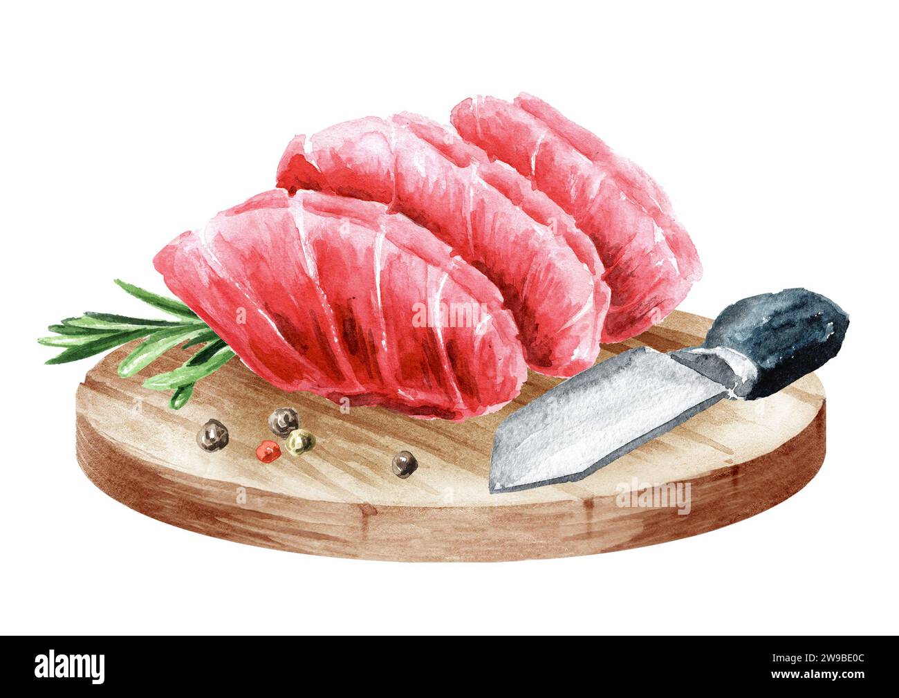 Fish Tuna raw fillet, Hand drawn watercolor illustration, isolated on ...