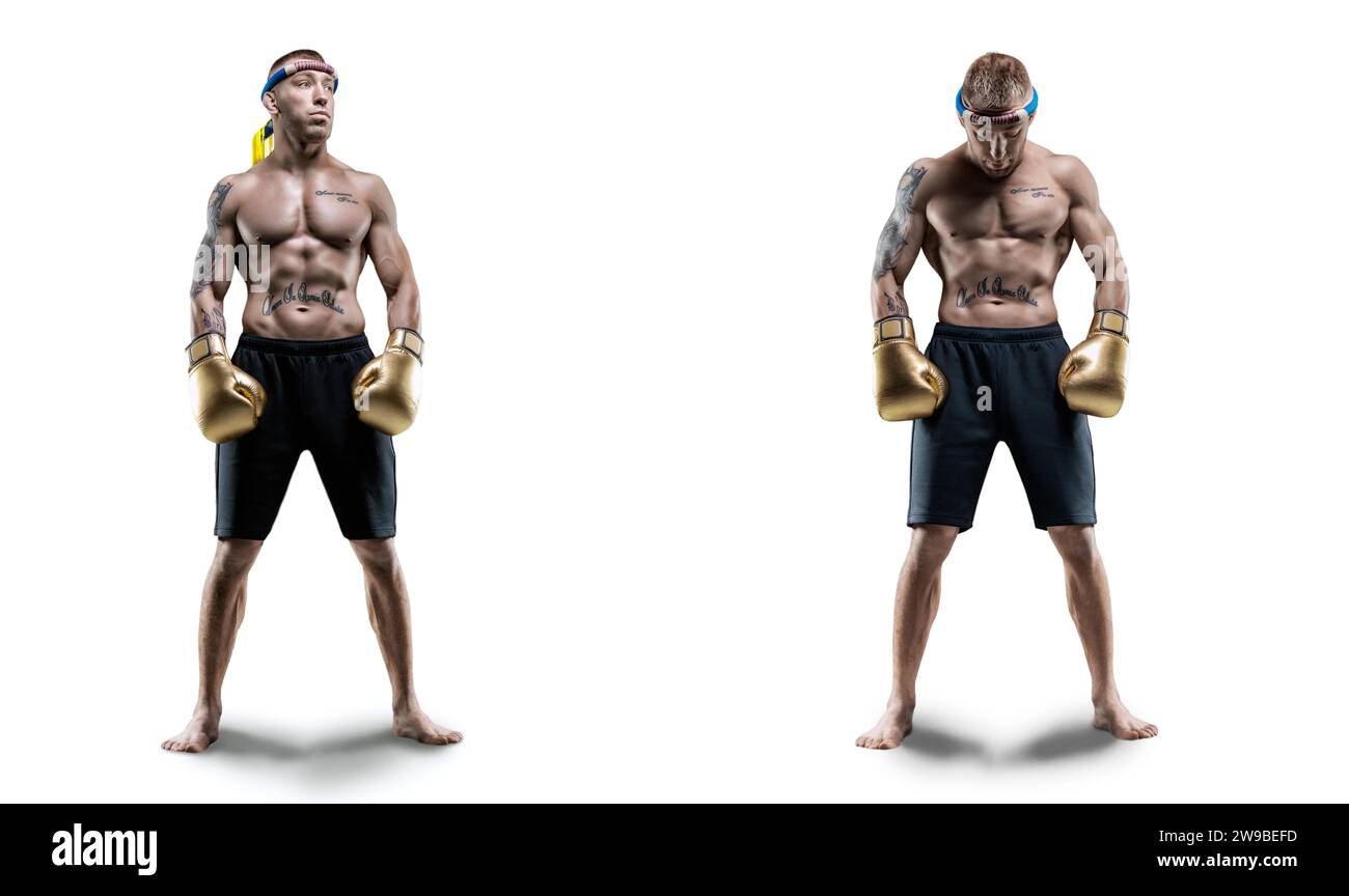 Image of two professional Thai boxers in front of a white background ...