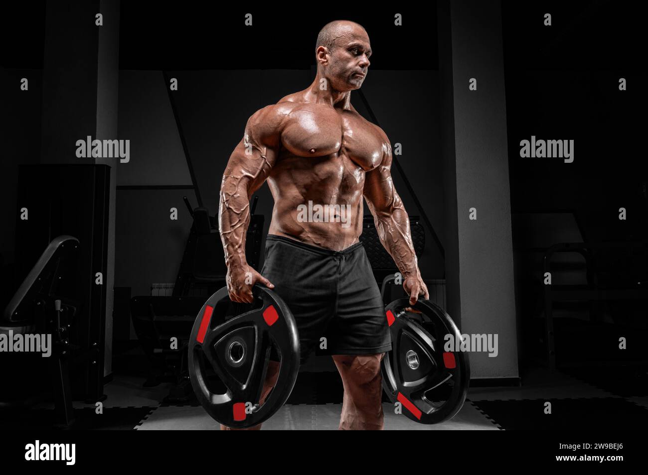 Muscular man stands in a gym with barbell discs. Bodybuilding and ...