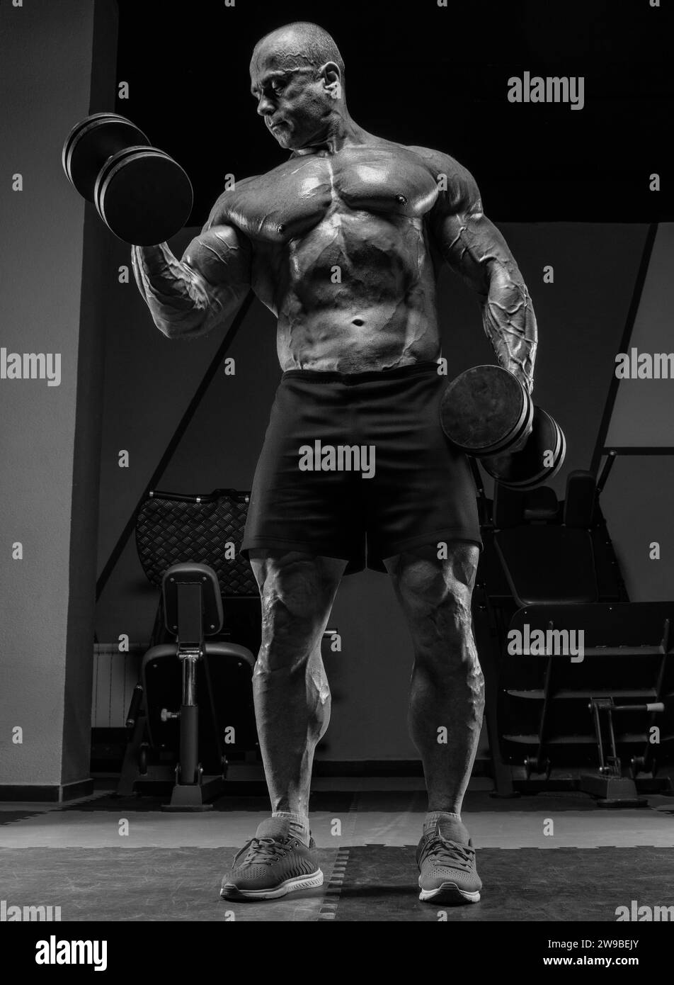 Professional weightlifter is training in the gym. Dumbbell Curl ...