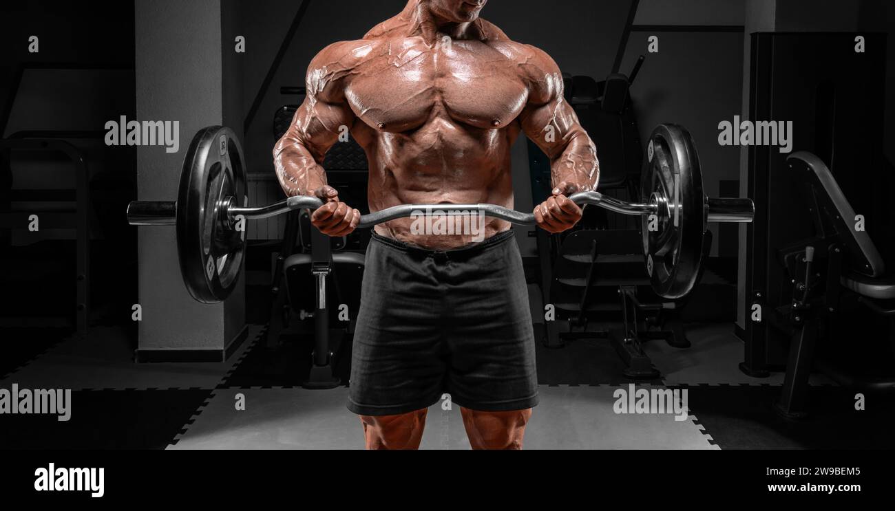 Powerful bodybuilder trains in a gym with a barbell. No name portrait ...