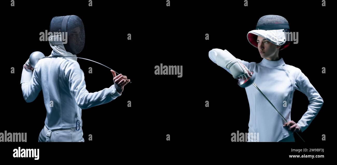 Portrait of two fencers on a black background. The concept of fencing ...