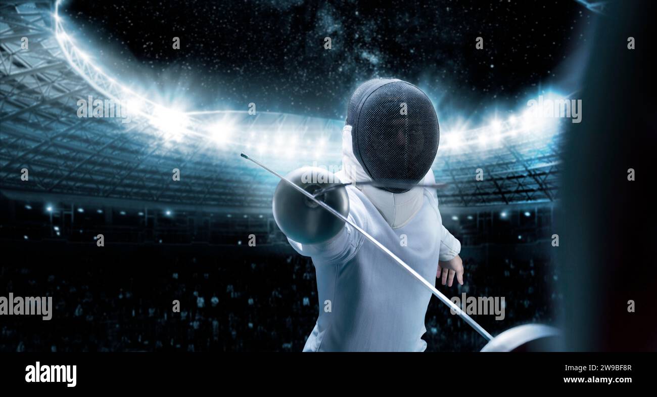 Portrait of two fencers against the backdrop of a sports arena. The ...