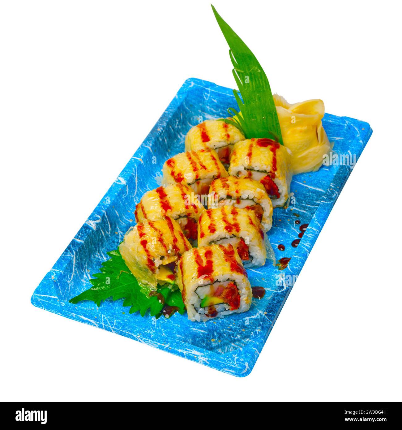 Take away selection of fresh sushi express on plastic tray, food ...