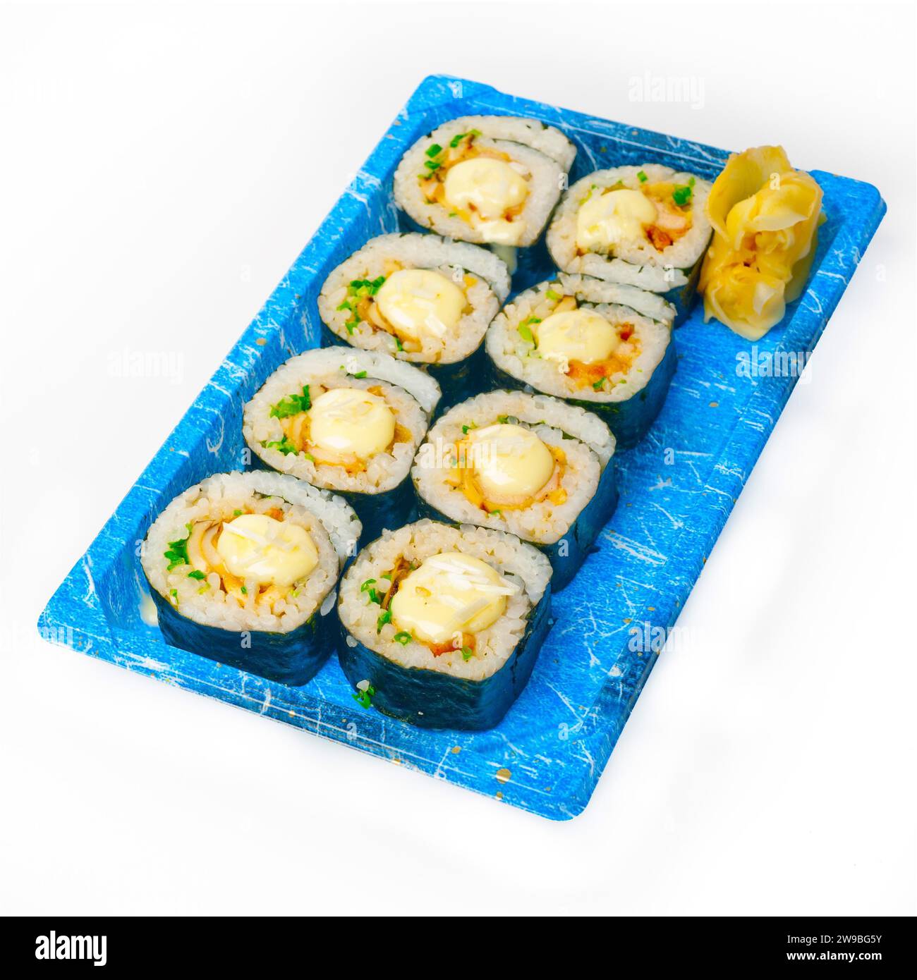 Take away selection of fresh sushi express on plastic tray, food ...