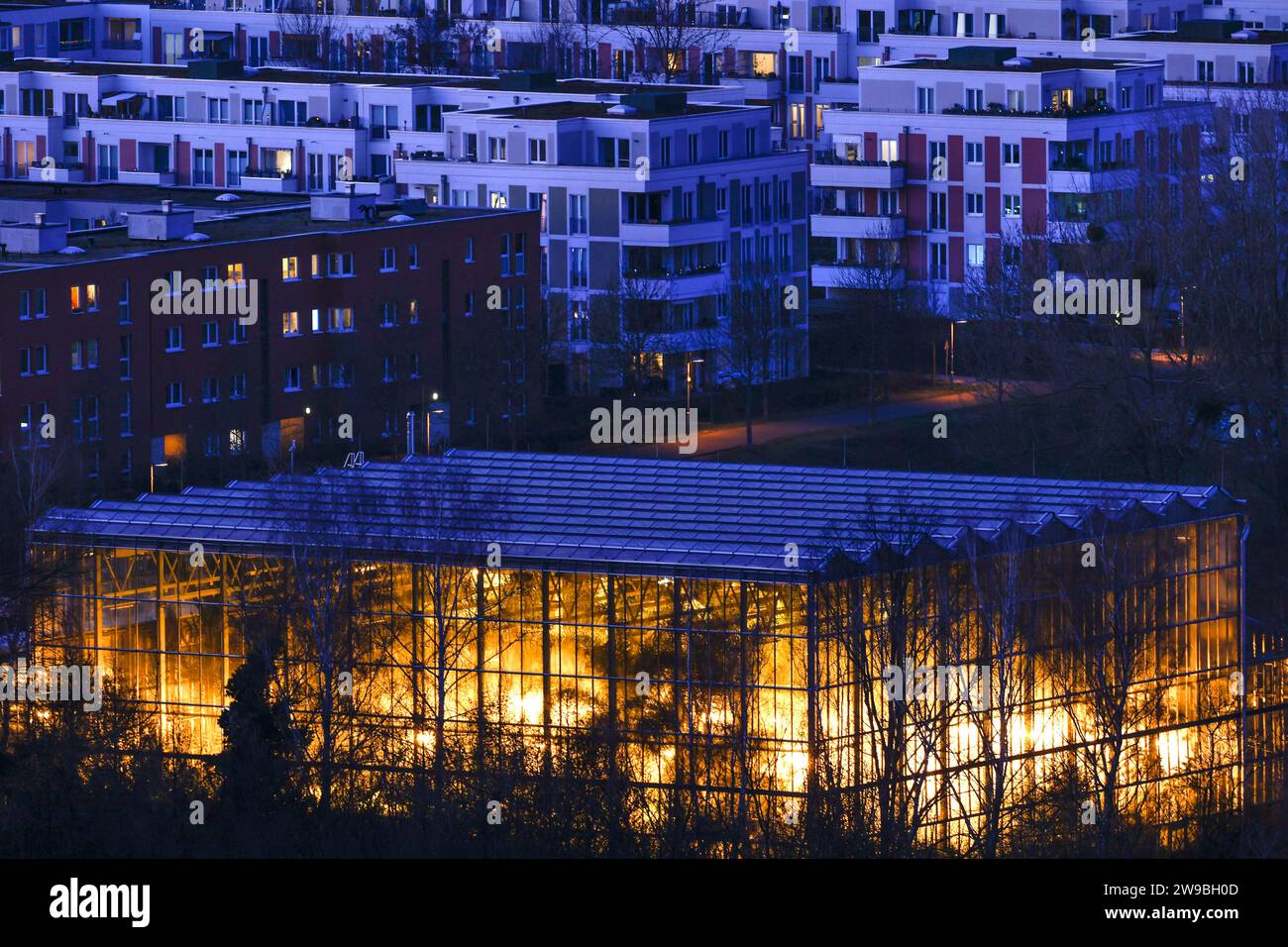 View of the illuminated tropical hall in the Gardens of the World, in ...