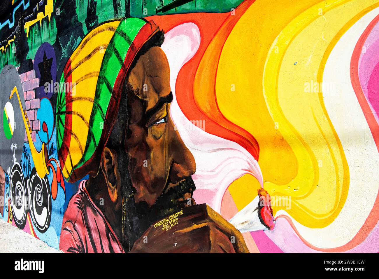 Rastafari with joint mural, Water Lane, Downtown Arts Project, Kingston, Jamaica, Central ...