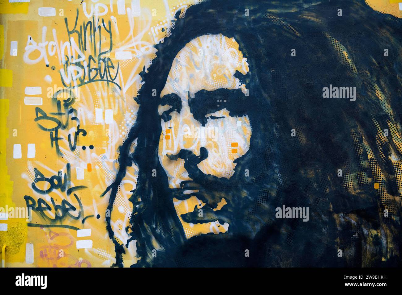 Bob Marley mural with song titles, Tuff Gong music studio, Kingston ...