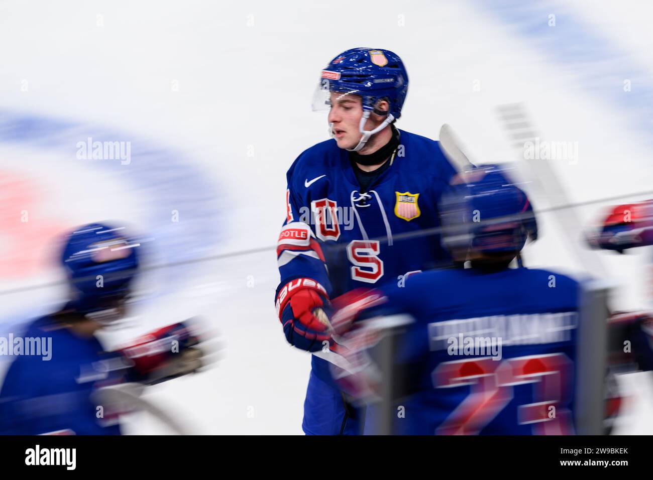 Gavin Brindley of, USA. , . celebrates after 3-0 during the 2024 IIHF ...