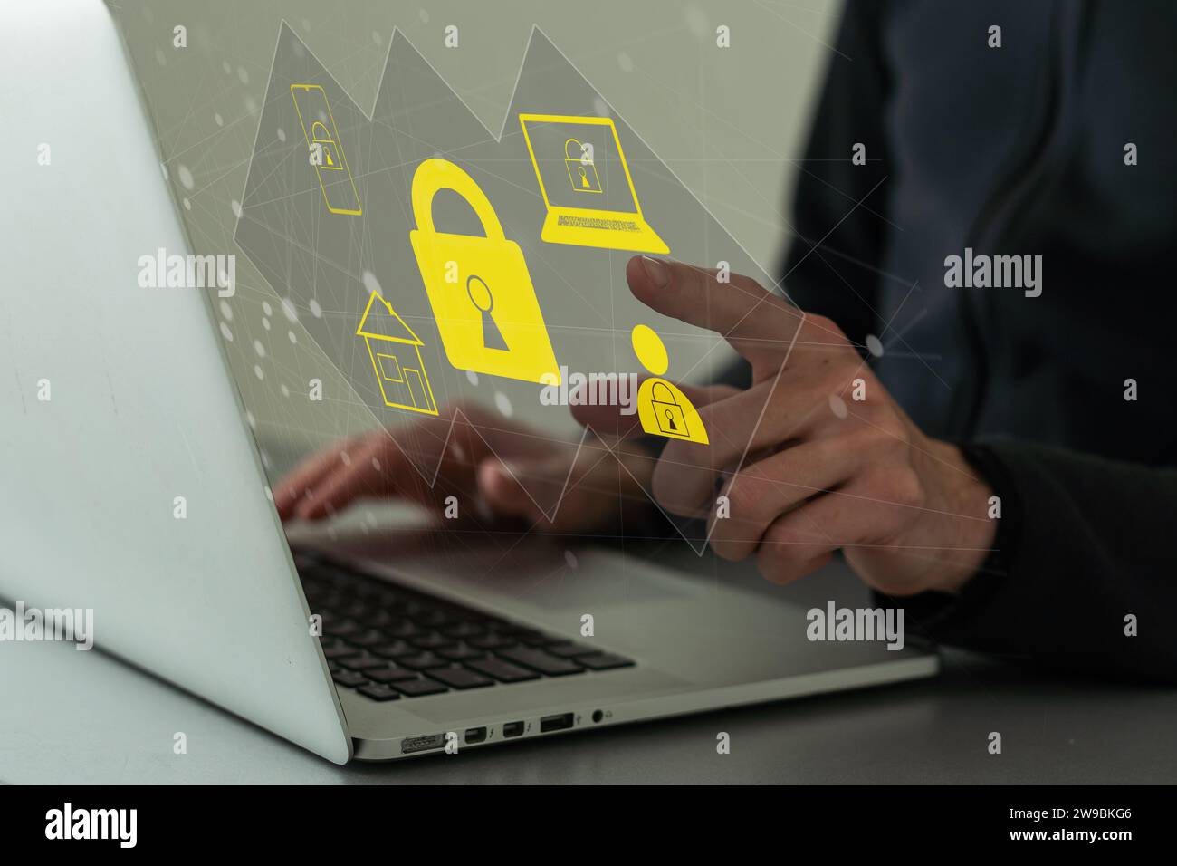 Cyber security concept, Person hand touching cyber security icon on ...