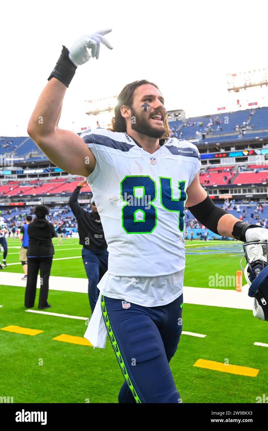 Seattle Seahawks tight end Colby Parkinson (84) leaves the field after ...