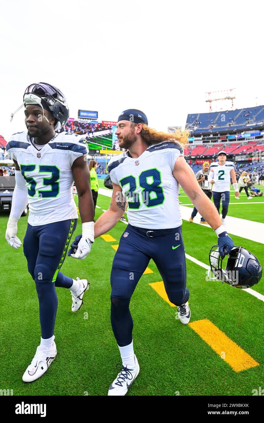 Seattle Seahawks tight end Brady Russell (38) congratulates linebacker ...