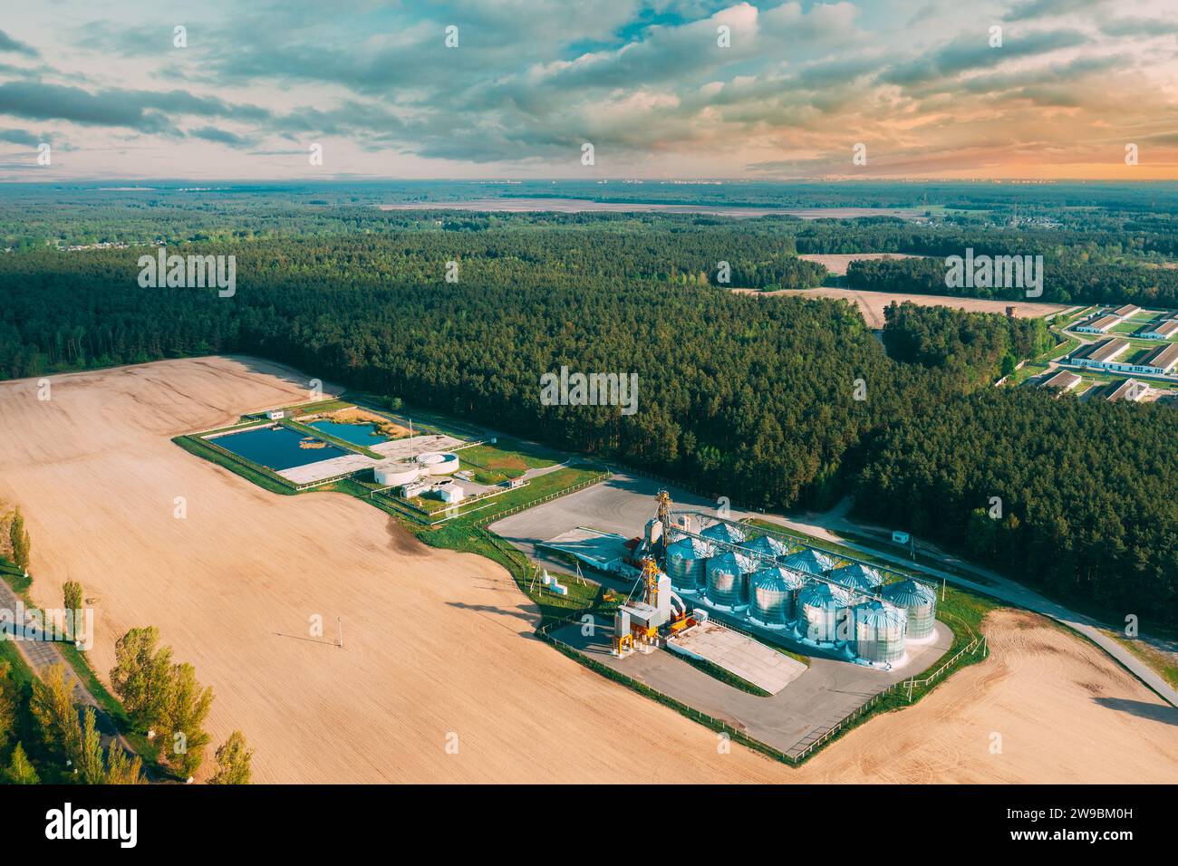 Aerial Elevated Top View Modern Granary, Grain-drying Complex ...