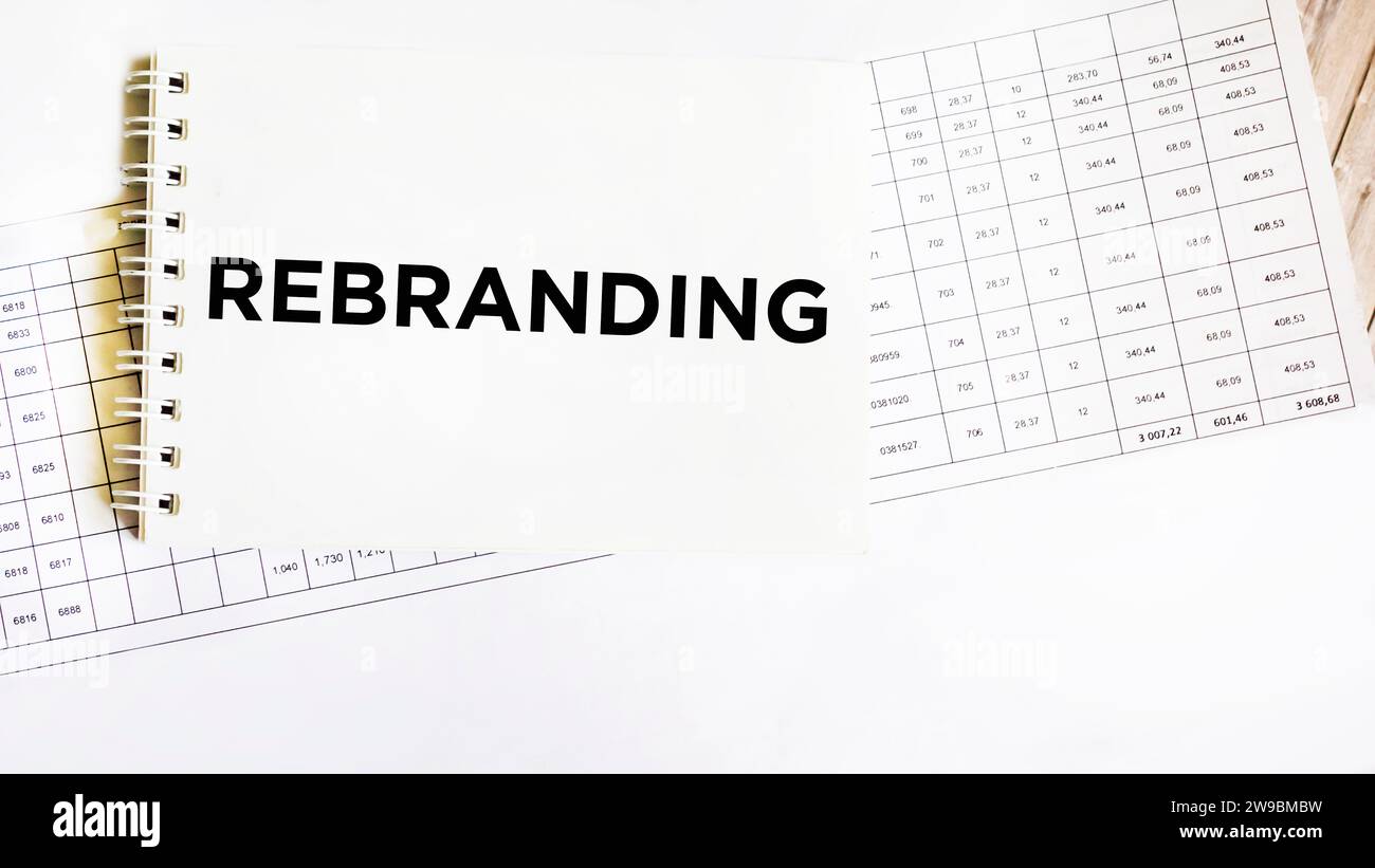 The word REBRANDING on a notepad and white background Stock Photo - Alamy