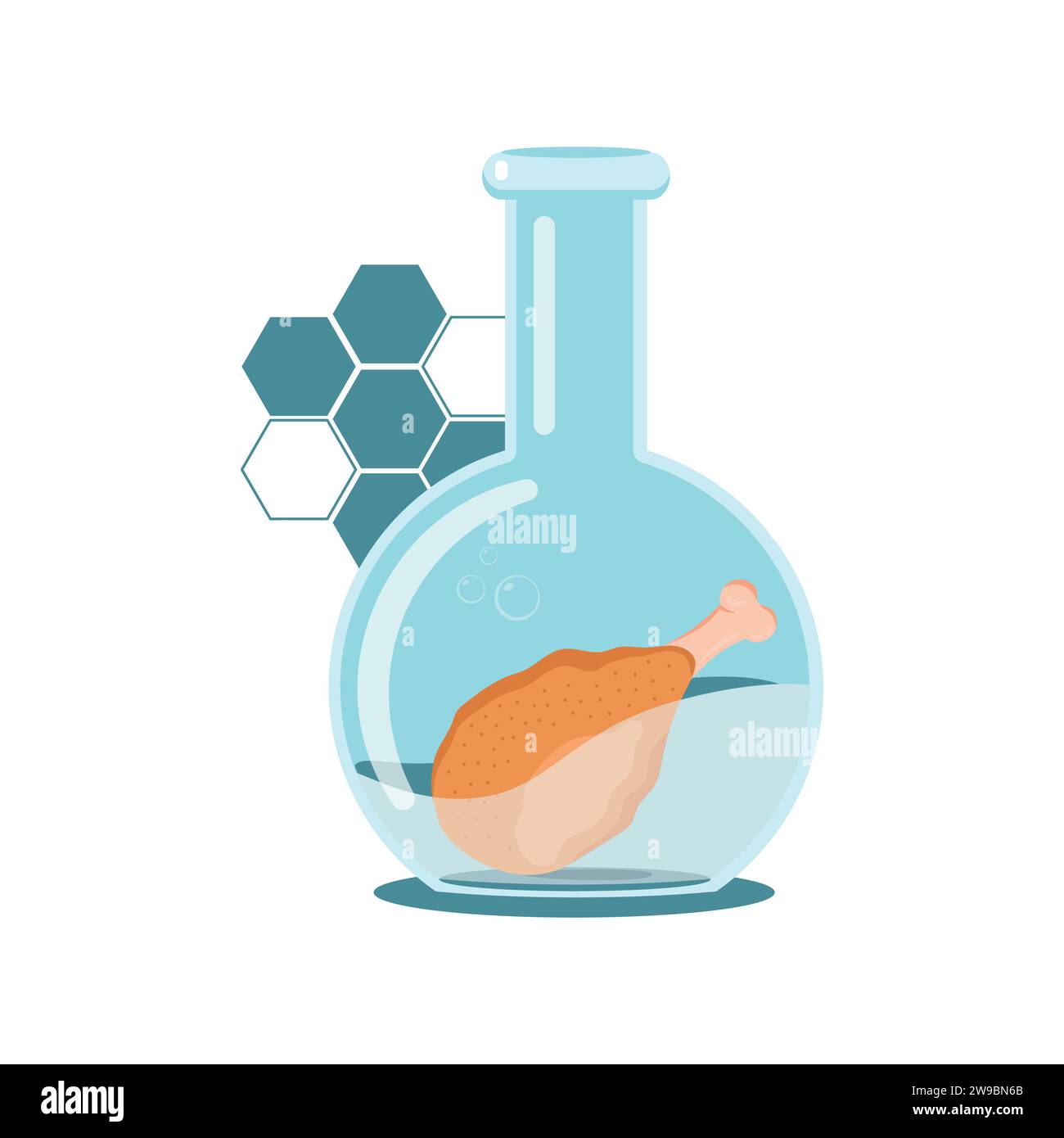 Fresh laboratory grown chicken leg meat floating in laboratory flask ...