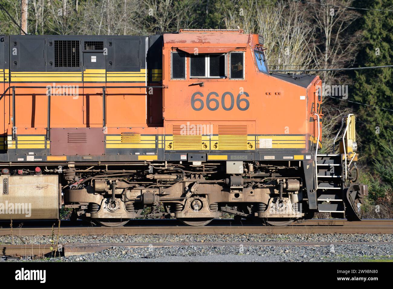 Bow, WA, USA - December 16, 2023; Side view of BNSF diesel locomotive cab number 6606 ES44C4 ...