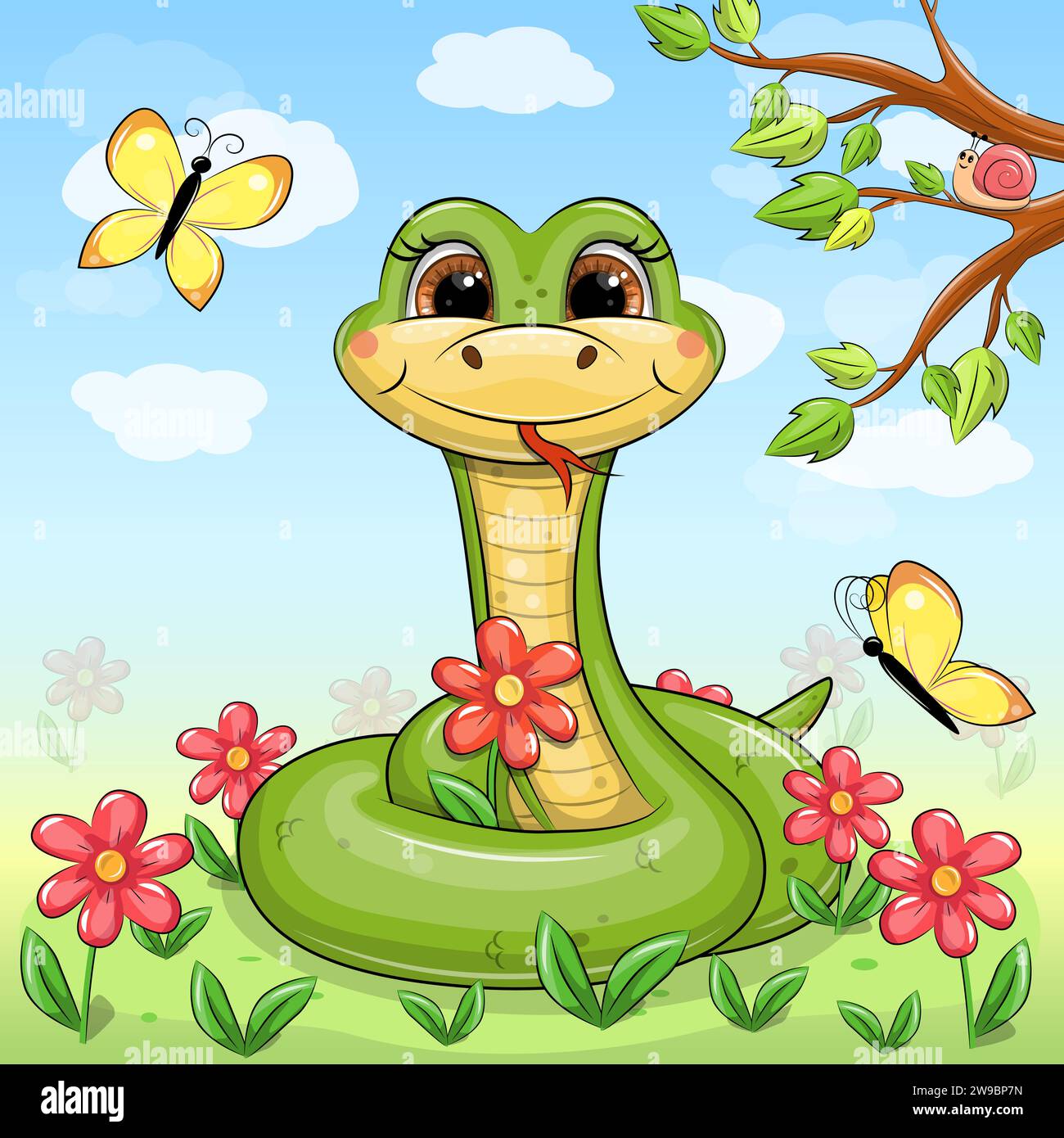 Cute cartoon green snake in nature. Vector illustration of animal in ...
