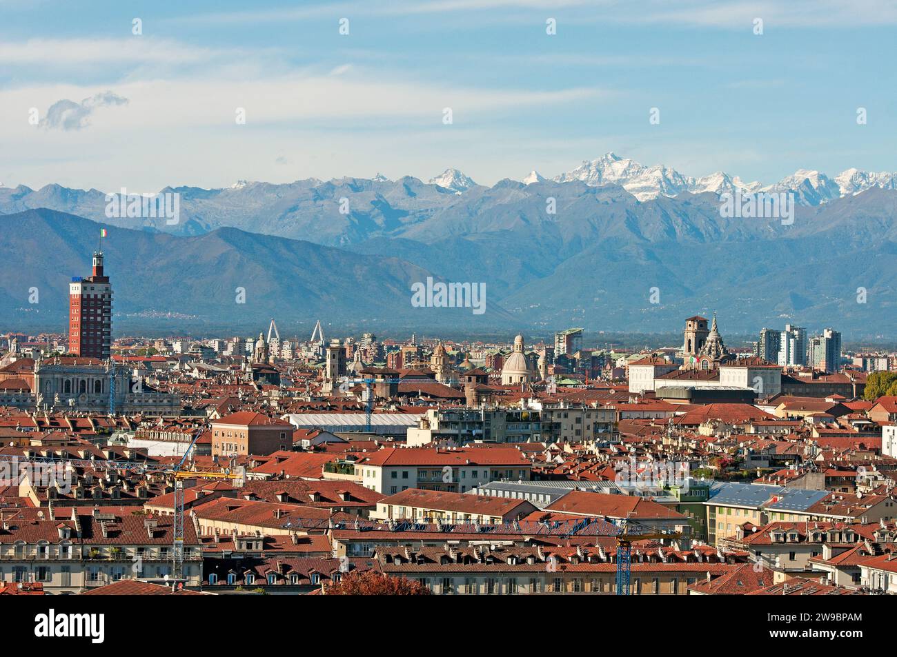 View of Turin with the mountains in background, on the left stands the ...