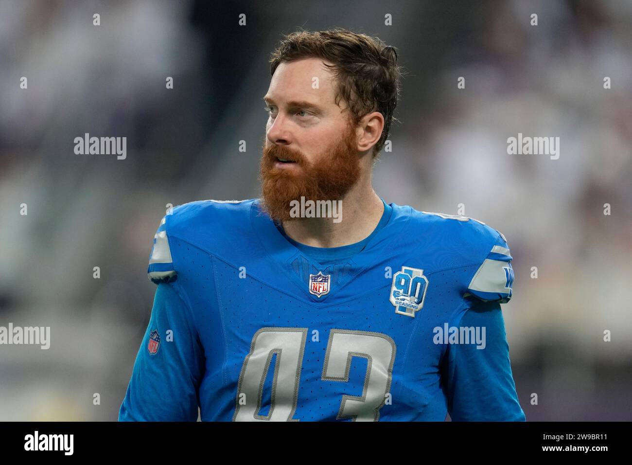 Detroit Lions long snapper Jake McQuaide (43) stands on the field at ...