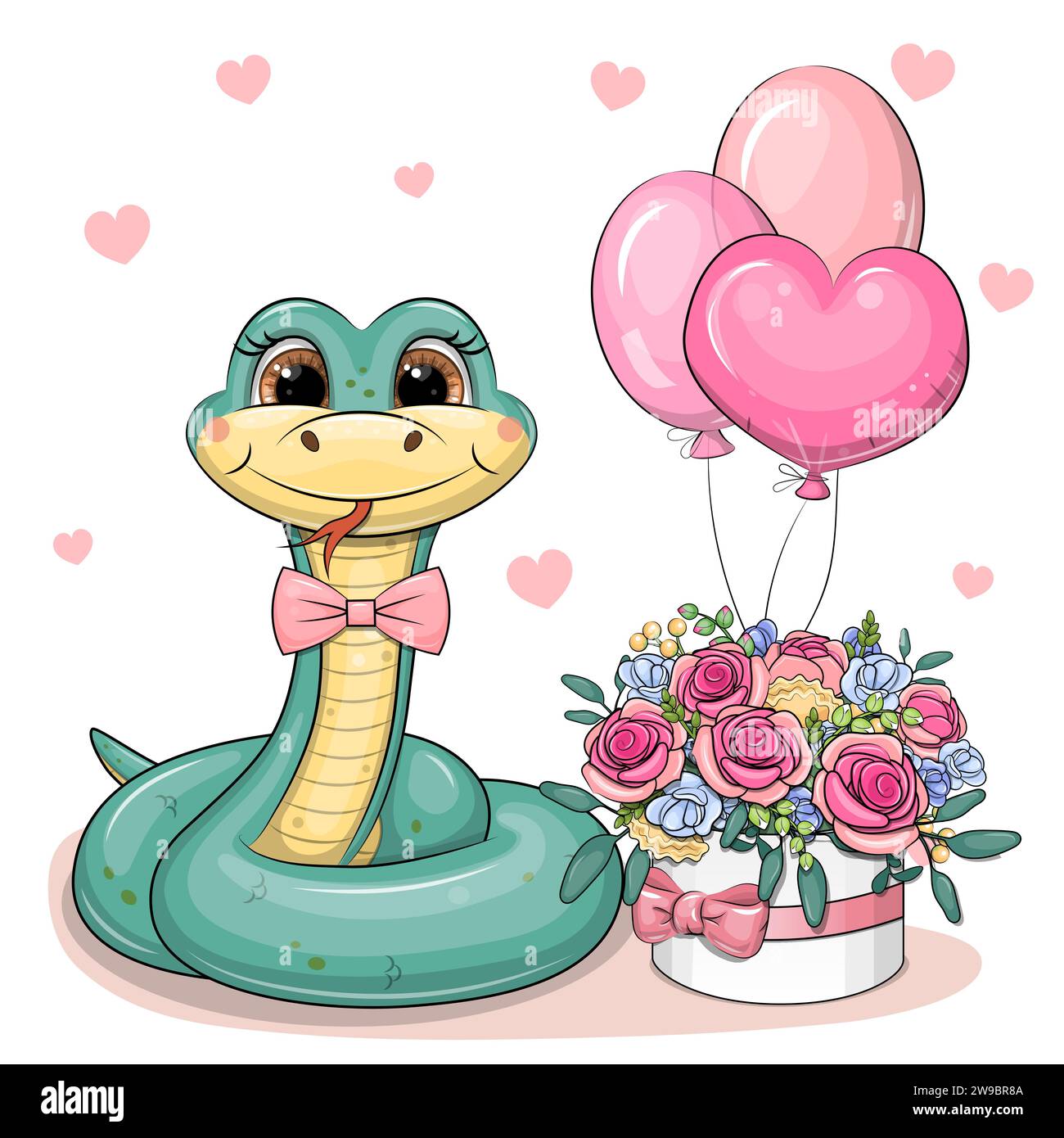 Cute green snake with a bouquet of flowers and balloons. Cartoon vector ...