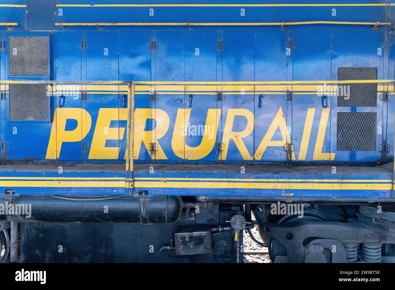 The Perurail train carriage on a railway track at Poroy Station in ...