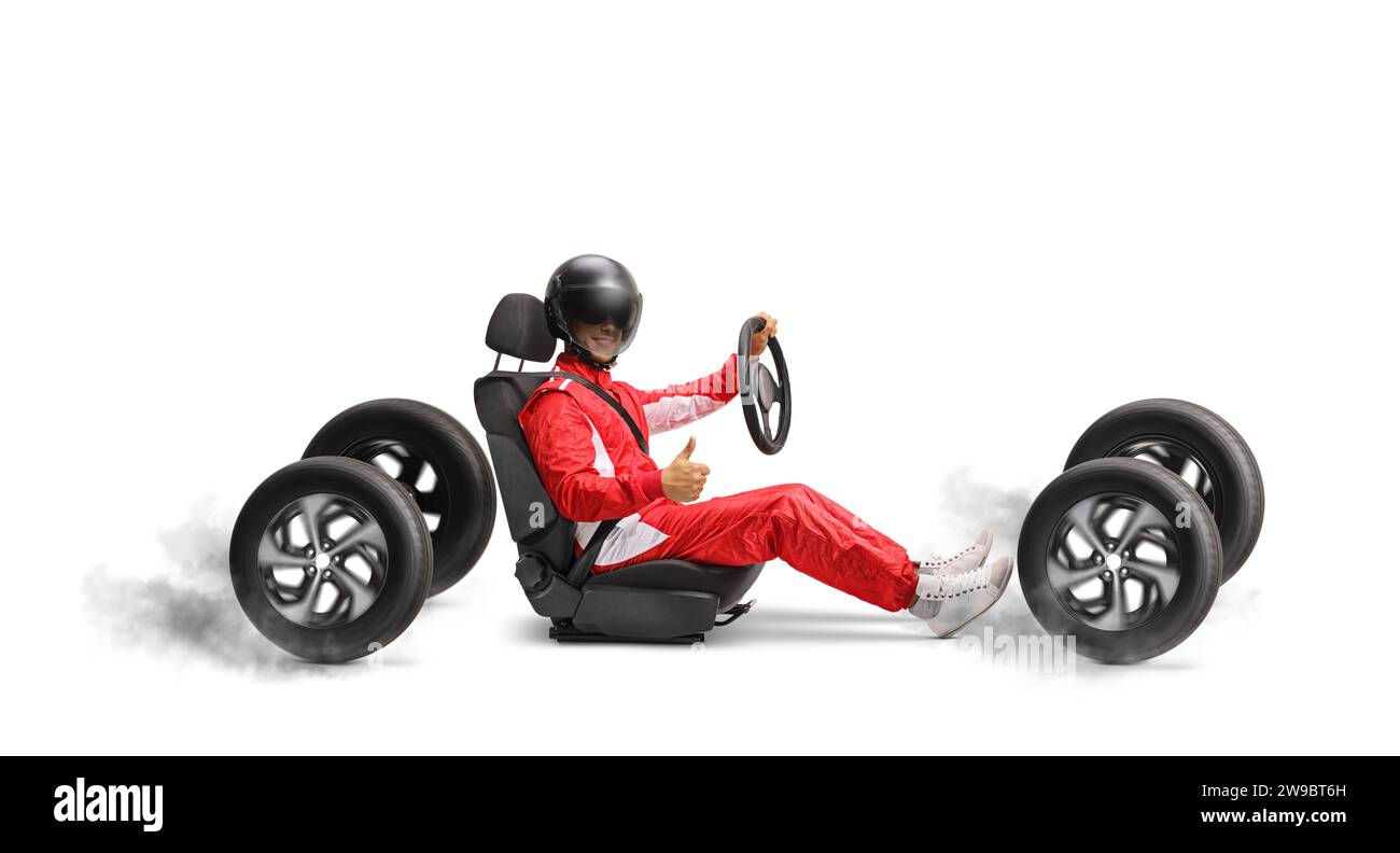 Car racer in a car seat driving in full speed and gesturing thumbs up ...