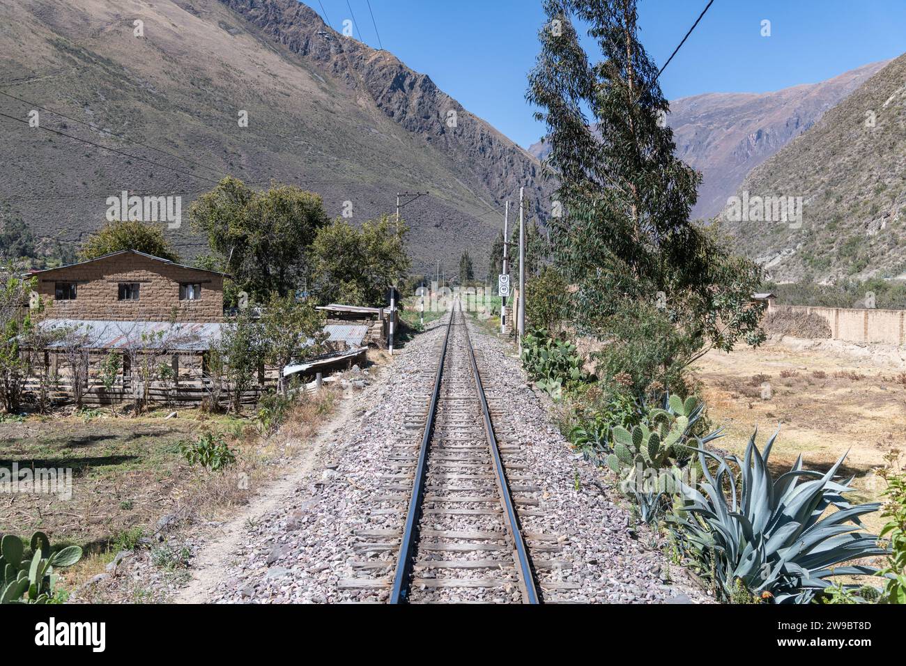 A view of the Perurail railway track from on board the train in Peru ...