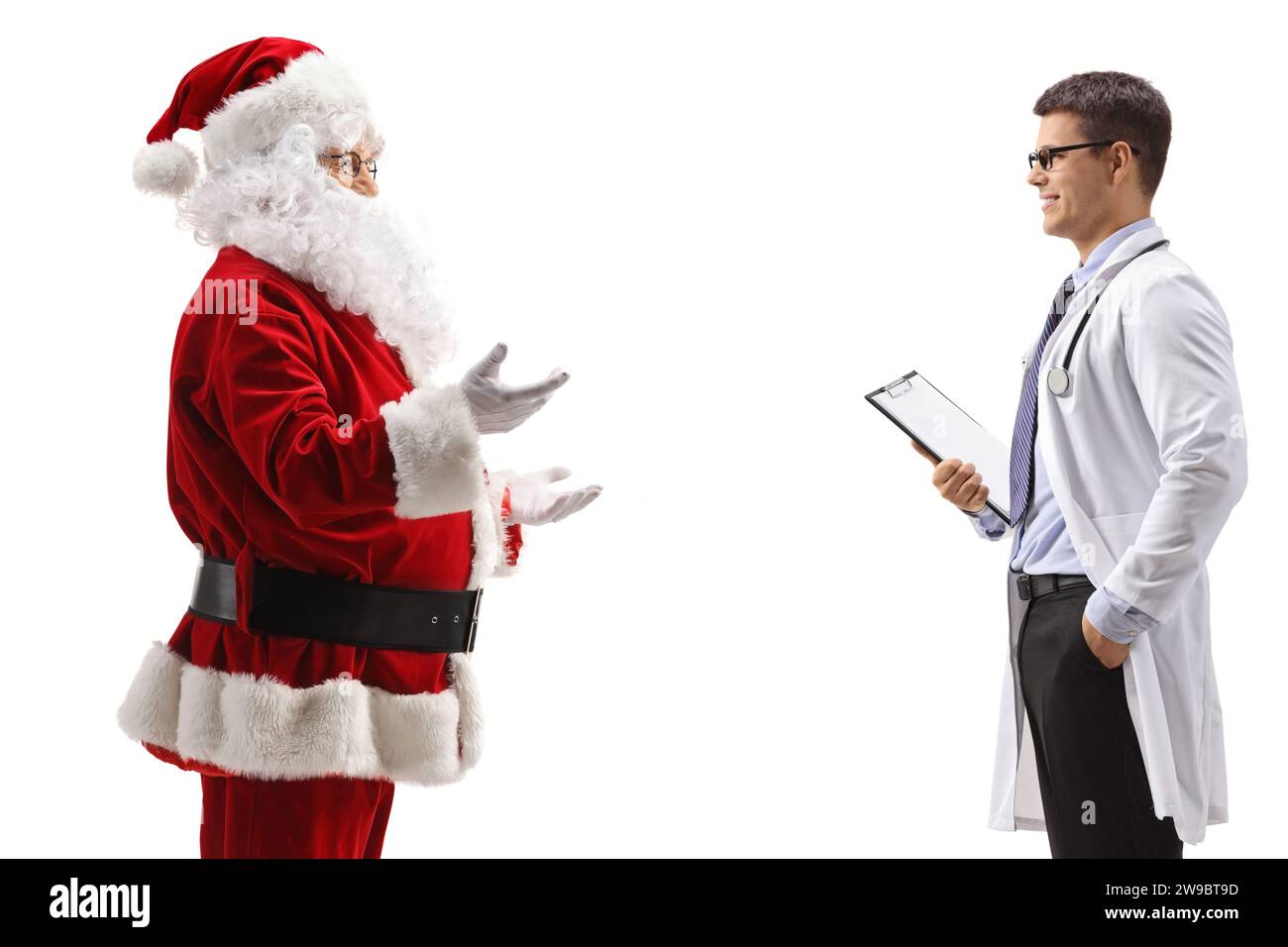Full length profile shot of santa claus talking to a male doctor ...