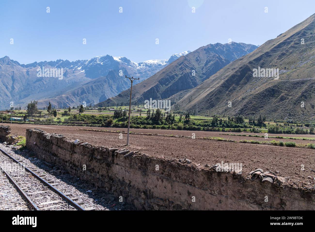 A view of the Andean mountains on board the Perurail train in Peru ...