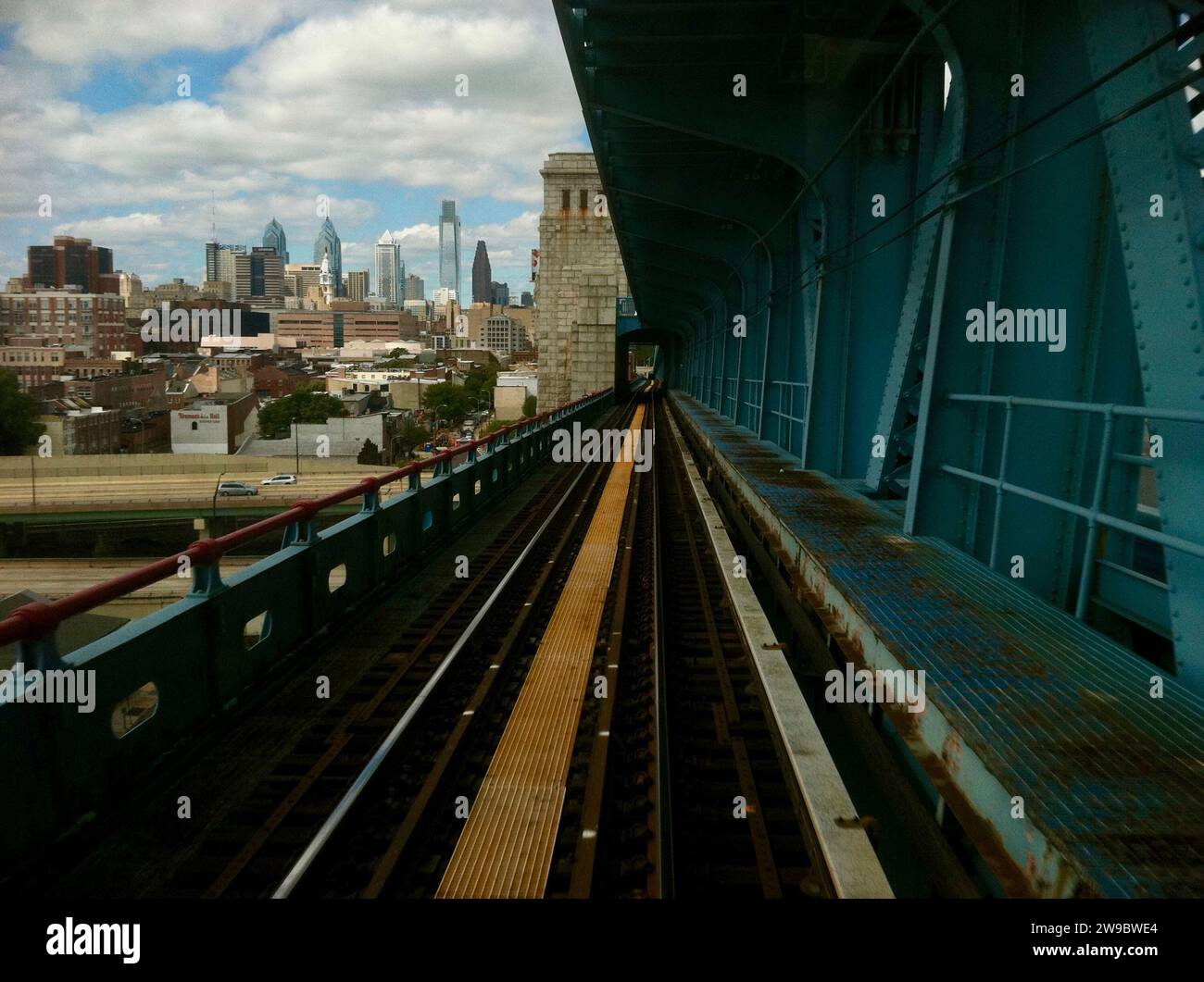 The Philadelphia skyline as seen from the PATCO train line on the Ben ...