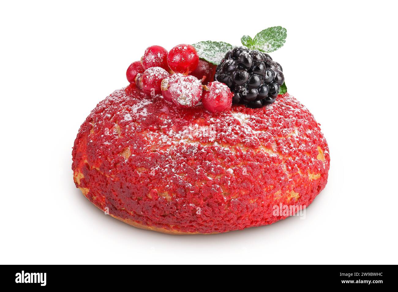 Cake shu eclairs with berries and red crumble isolated on white ...