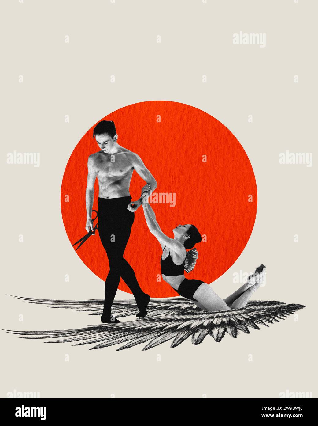 Fallen angel. Young man with scissors cut female feather. Painful ...