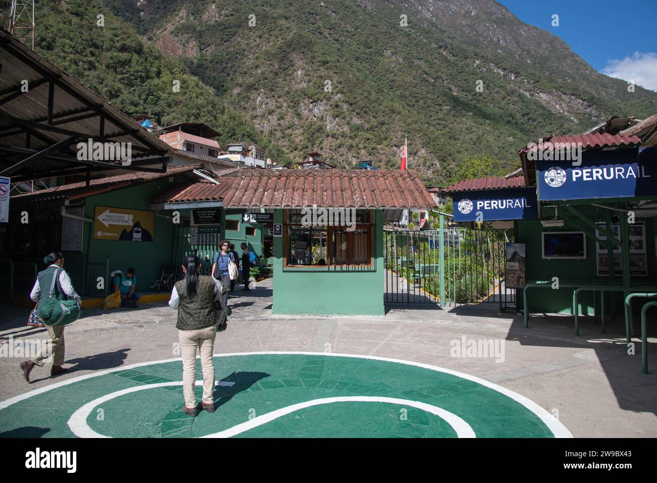 The entrance to the Perurail train station at Aguas Calientes near ...