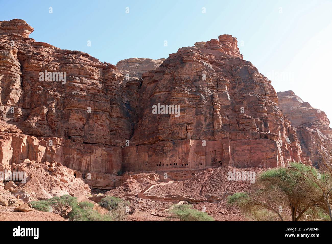 Lion Tombs carved into the red rock cliffs at Dadan in AlUla Stock ...