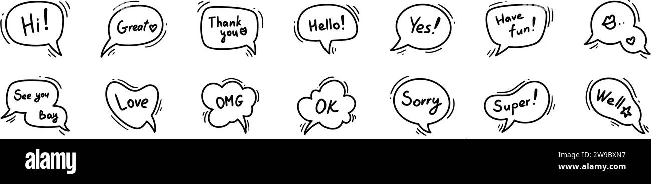 Doodle speech baloons with text. Cute line manga style cloud ...