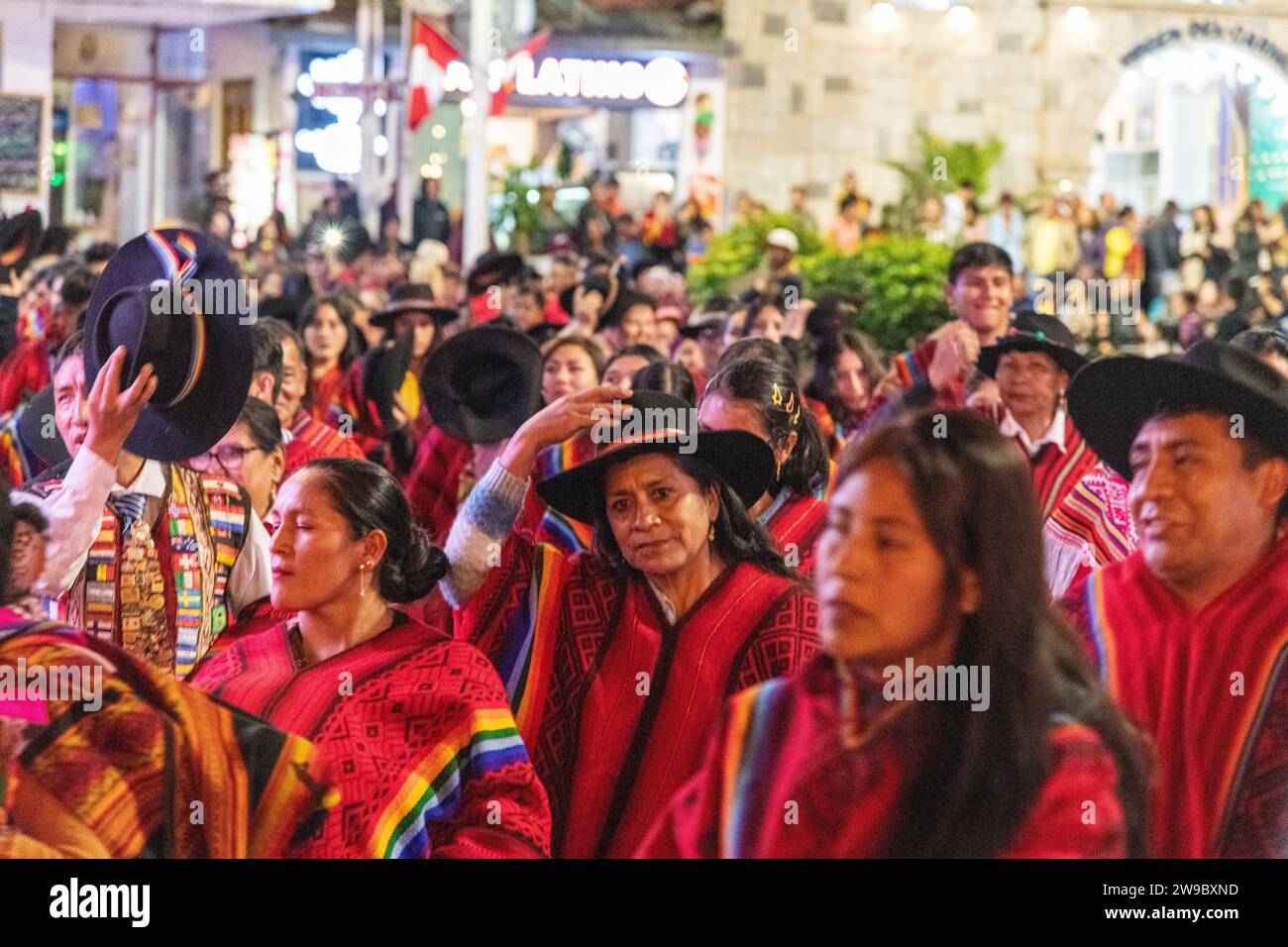 A ceremony procession in Aguas Calientes, Peru, celebrating the ...