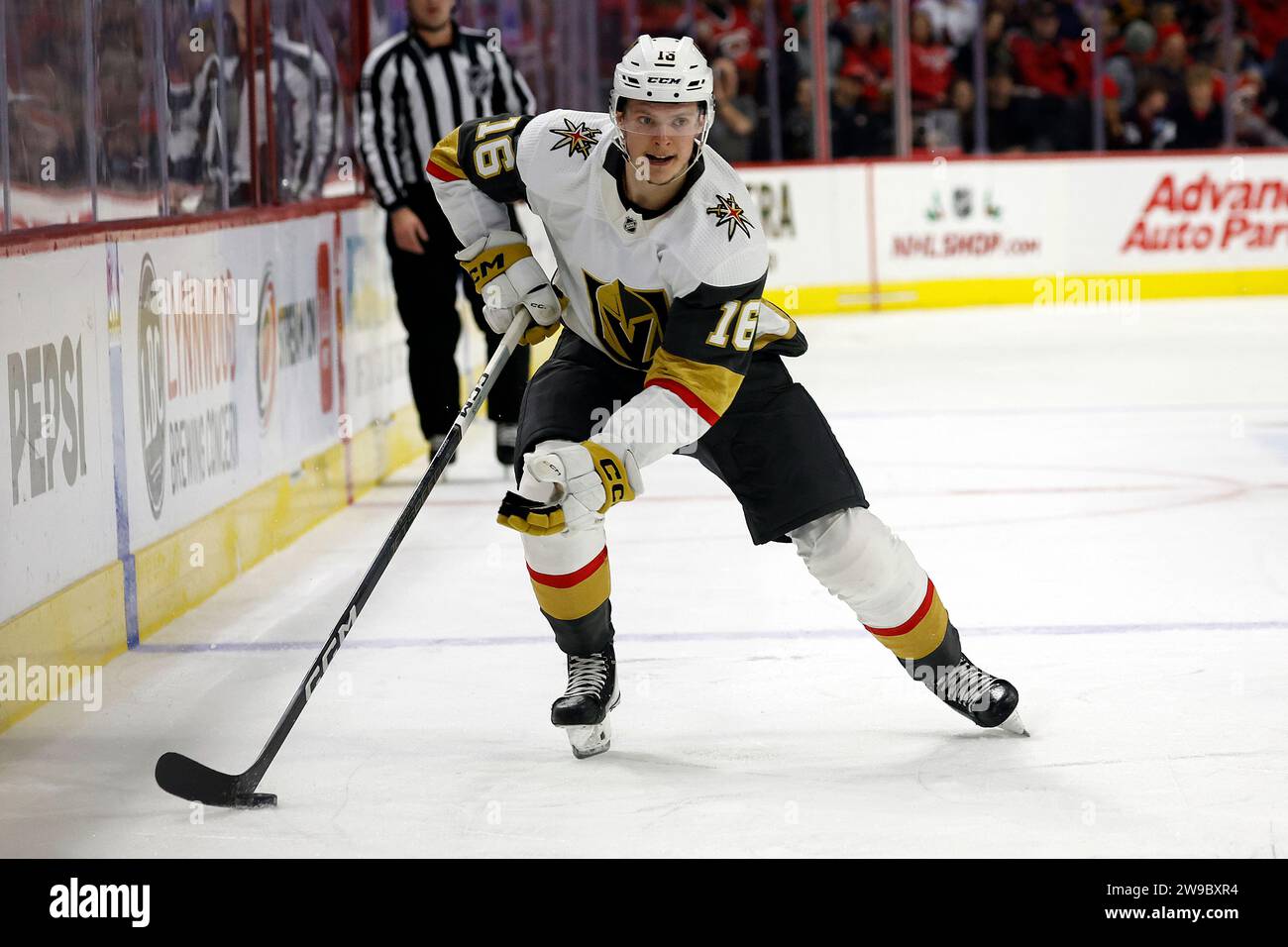 Vegas Golden Knights' Pavel Dorofeyev (16) controls the puck against the Carolina Hurricanes ...