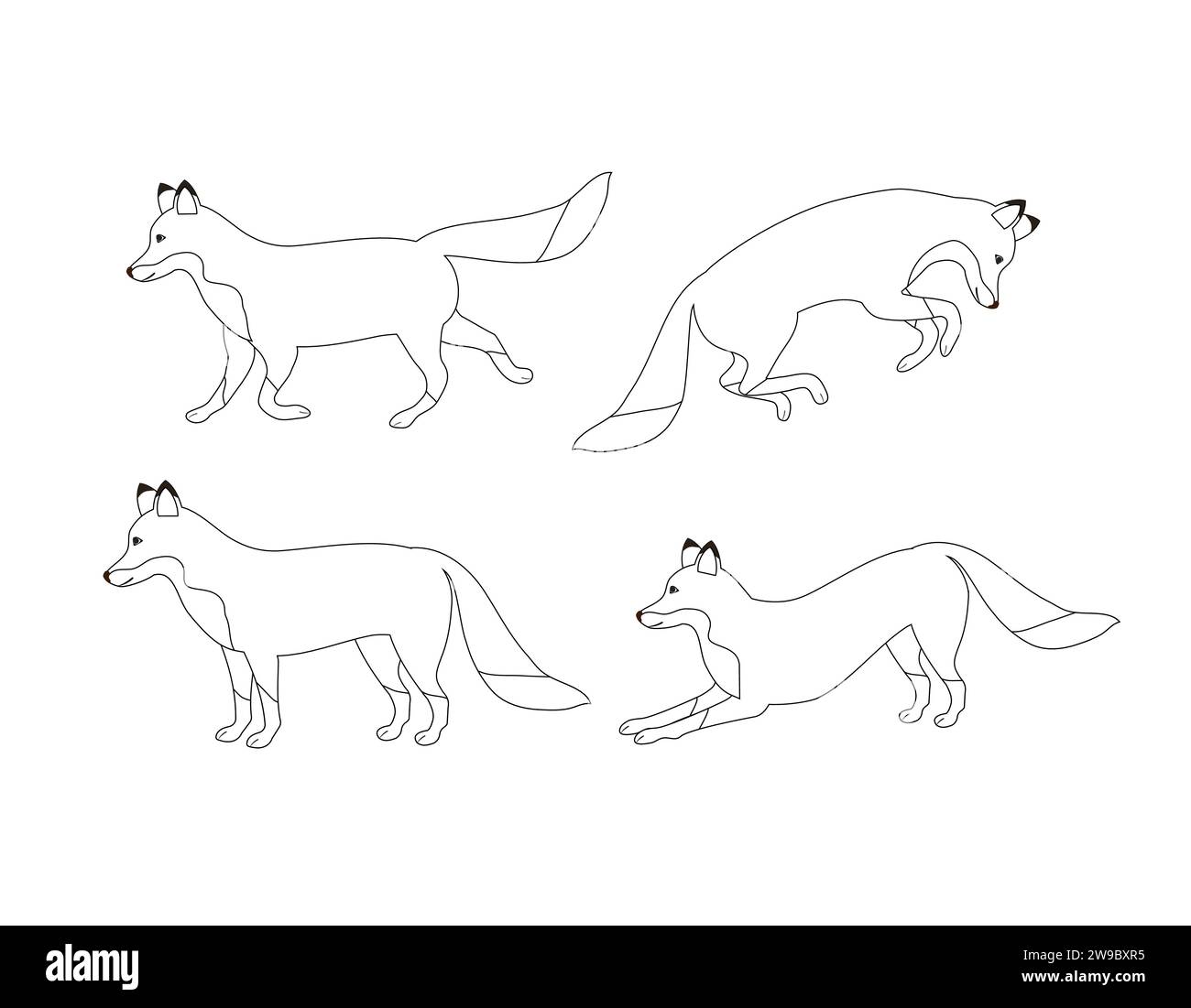 Vector set of flat hand drawn outline fox isolated on white background ...