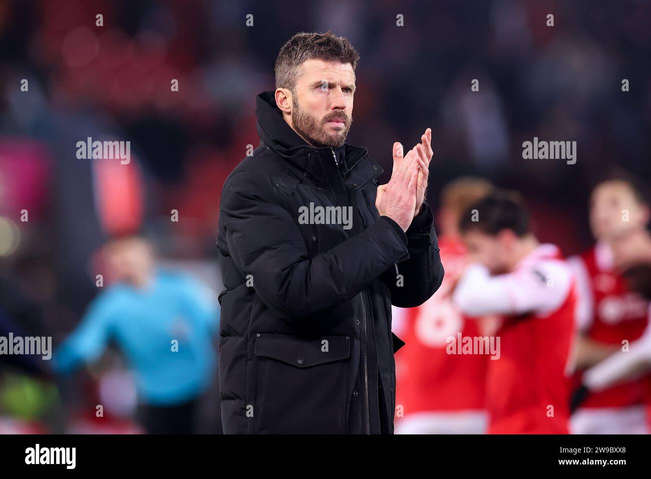 Michael Carrick, manager of Middlesbrough applauds the travelling fans ...